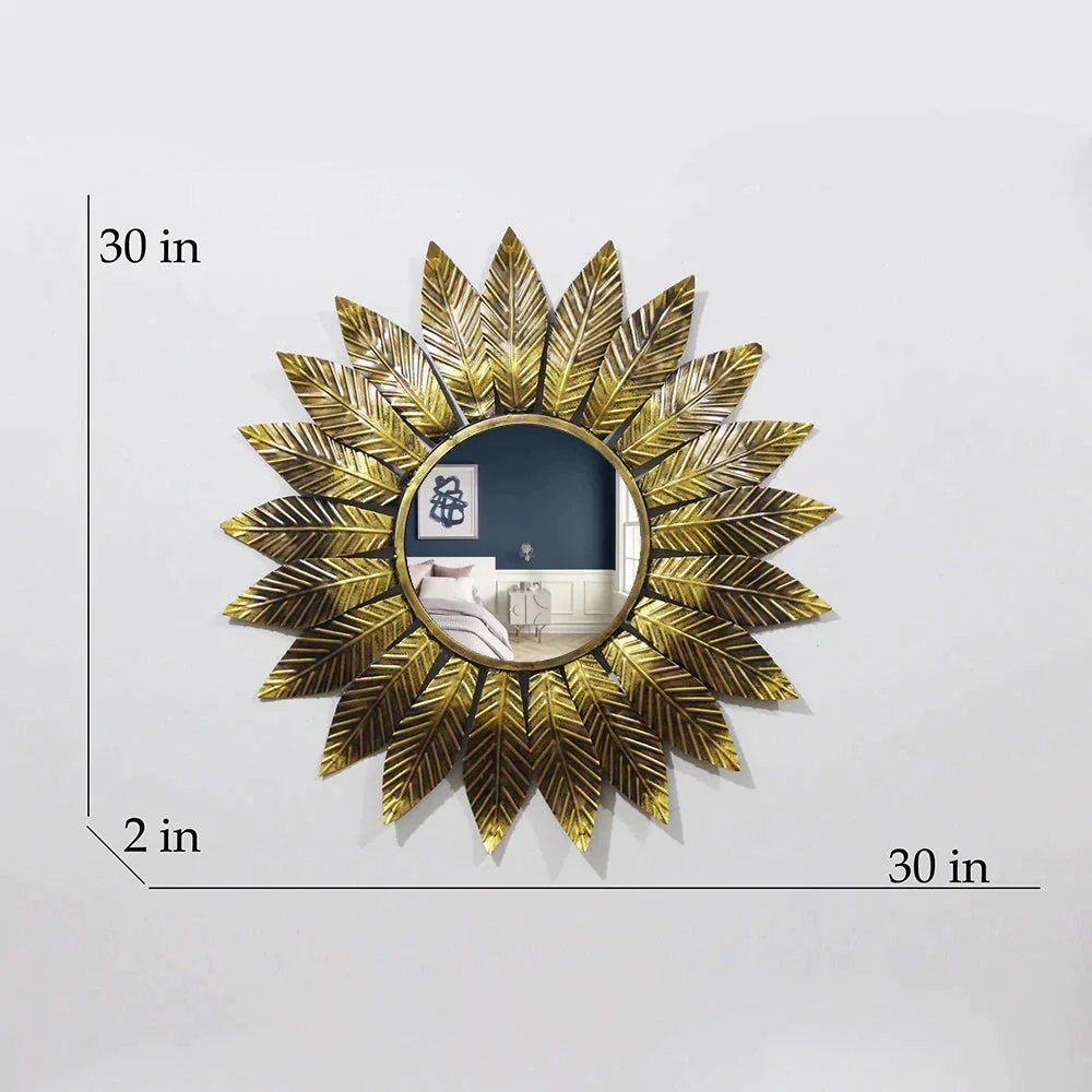Slender Leaf Golden Round Mirror Wall Decor