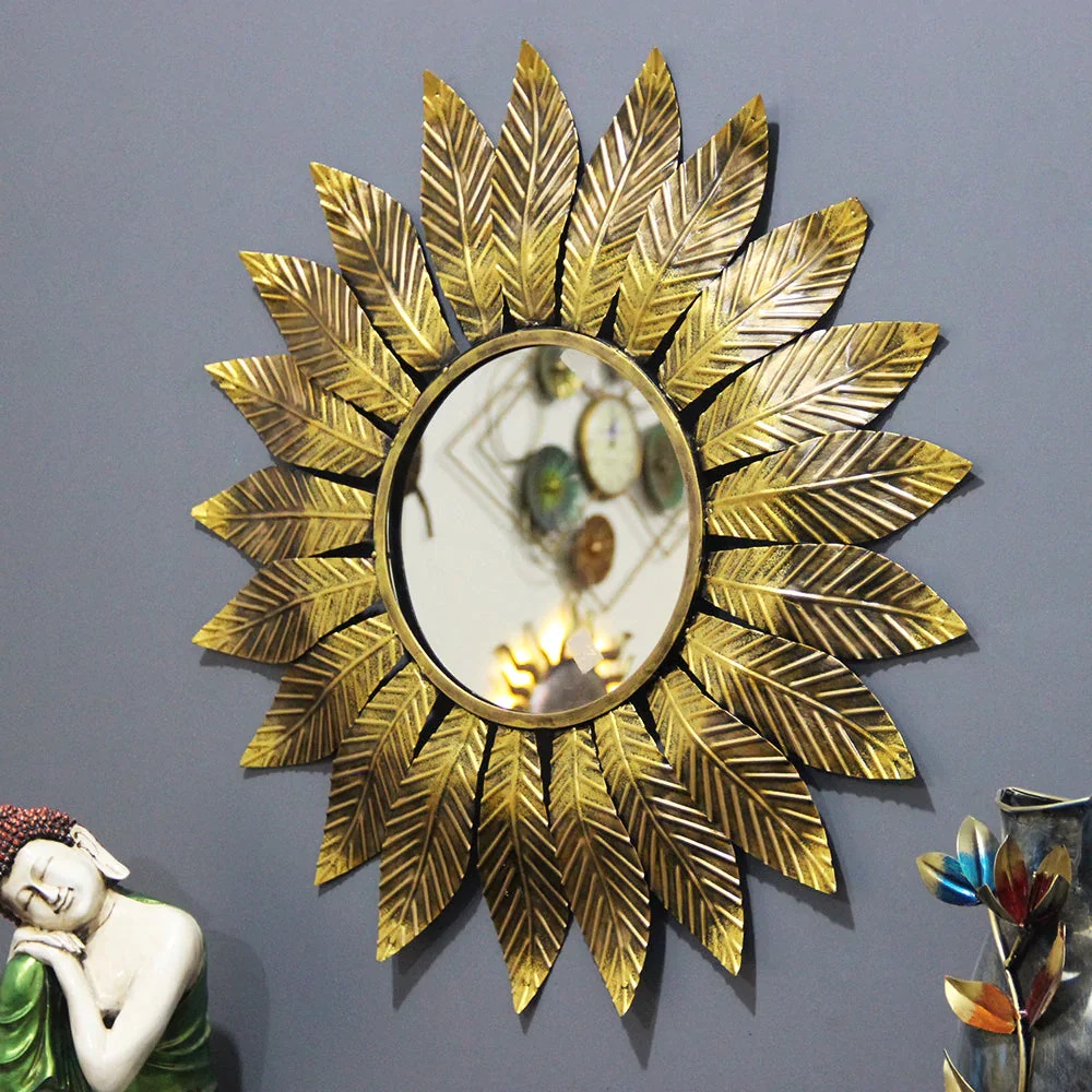 Slender Leaf Golden Round Mirror Wall Decor